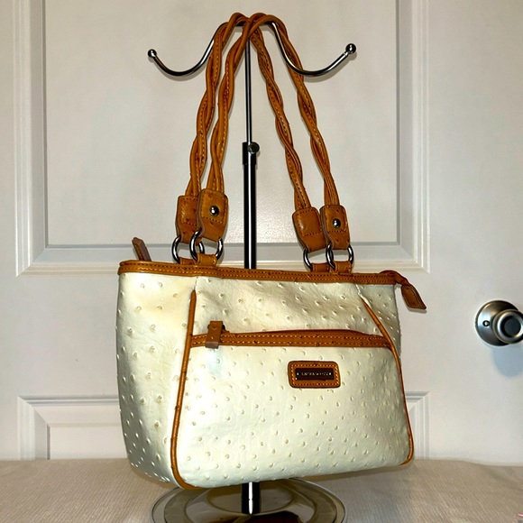 Laura Scott | Bags | Laura Scott Ostrich Print Small Woven Tan Strap ...
